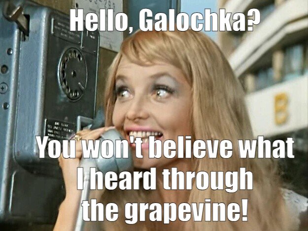Мем Hello, galochka?you won't believe whati heard throughthe grapevine ...