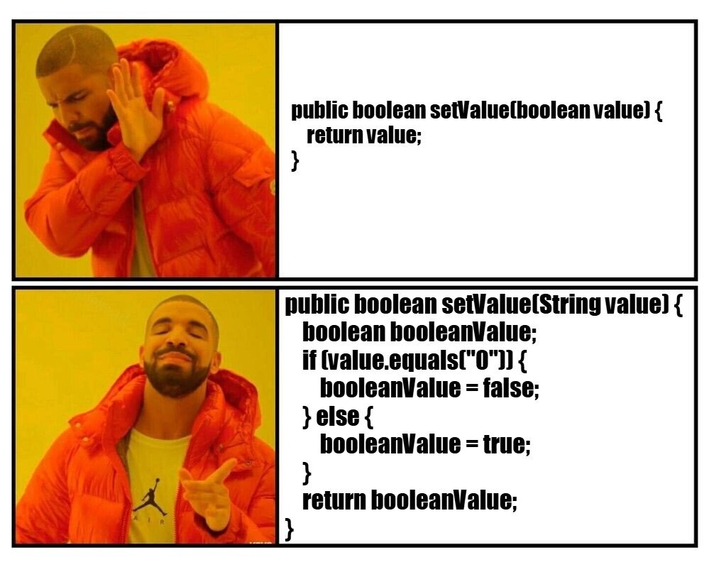 Мем Public boolean setvalue(boolean value){return value;}public boolean ...